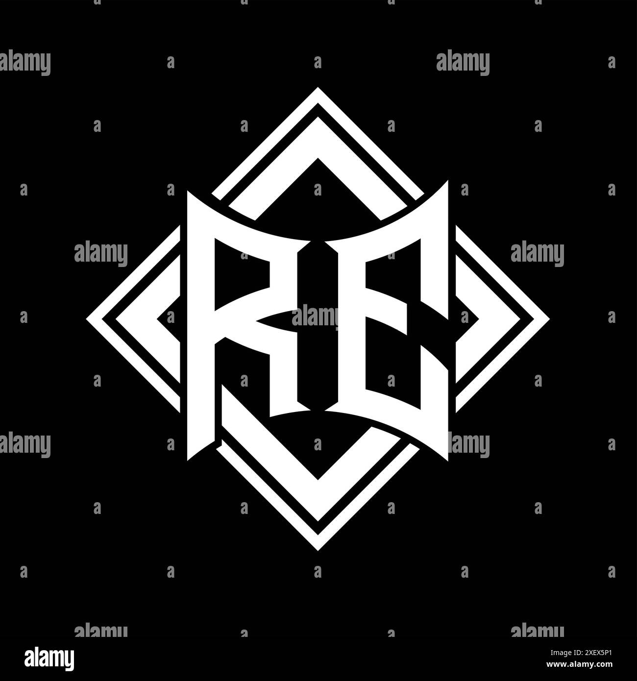 RE Letter logo with abstract shield shape with square white outline on ...