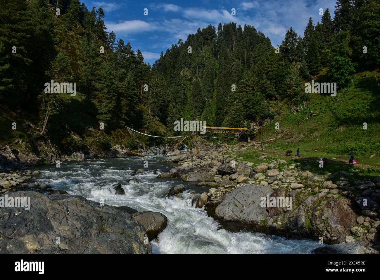 Kulgam, India. 29th June, 2024. Visitors walk through the hill near the stream during a hot ...