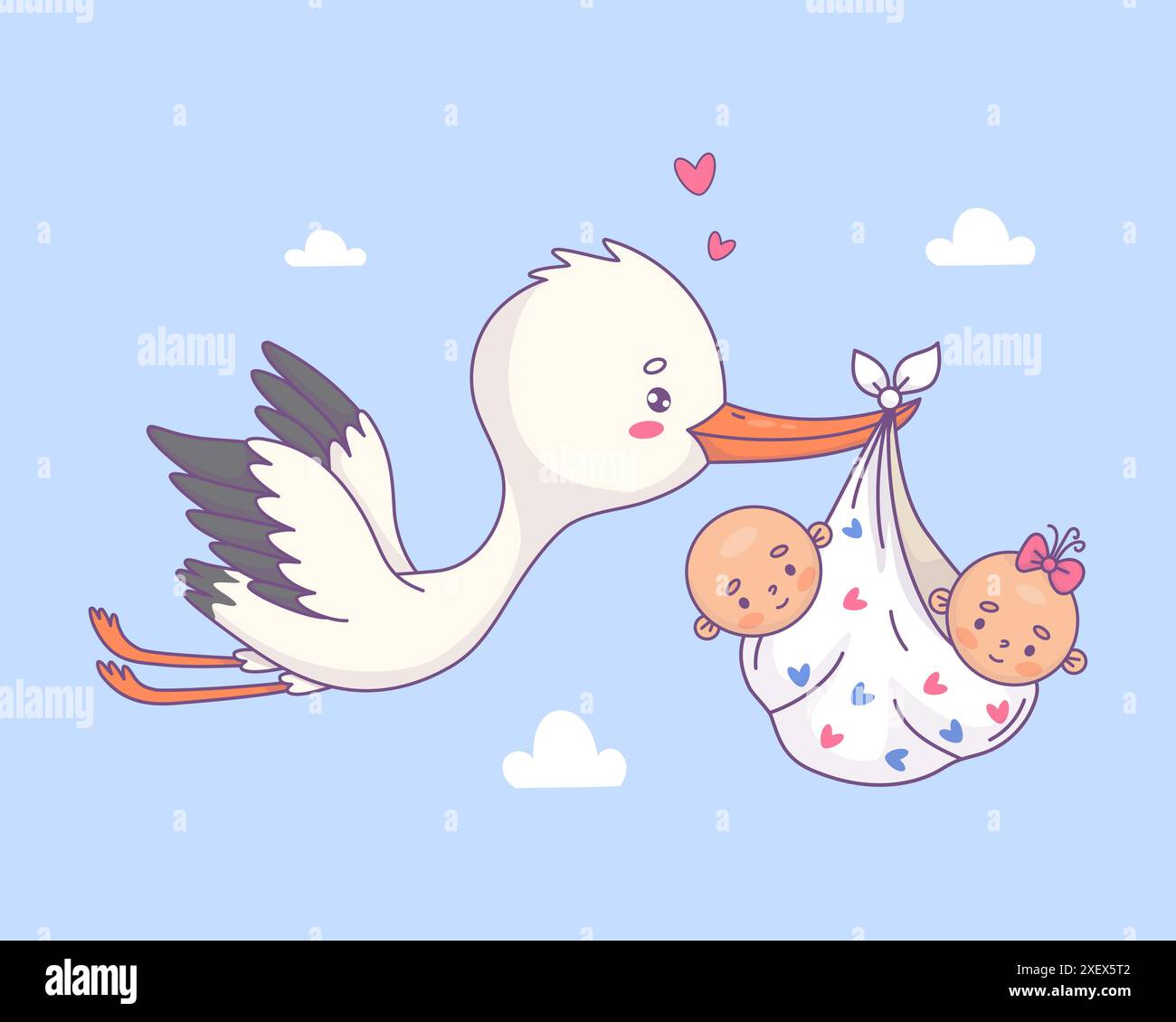Cute white stork flying stork in its beak carries two twin babies, girl ...