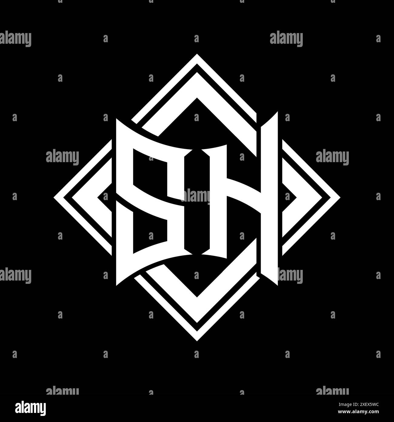 SH Letter logo with abstract shield shape with square white outline on ...