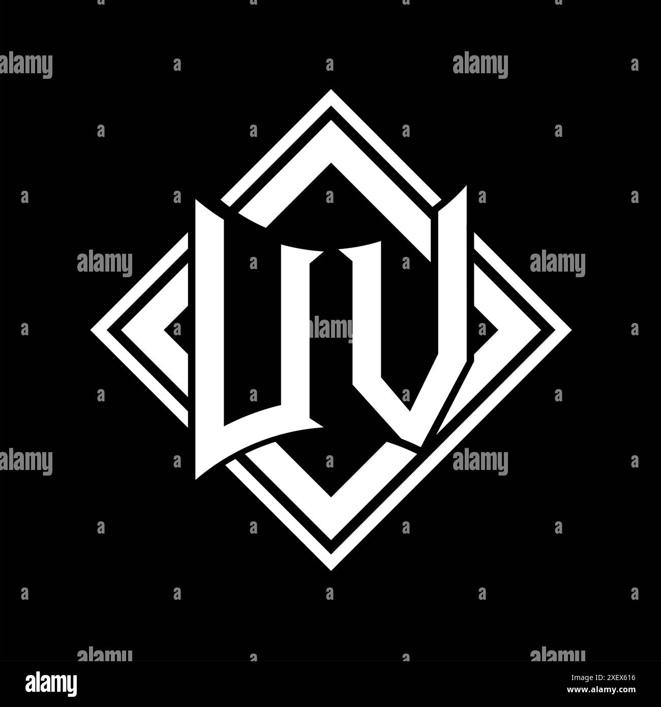 UV Letter logo with abstract shield shape with square white outline on black background template ...