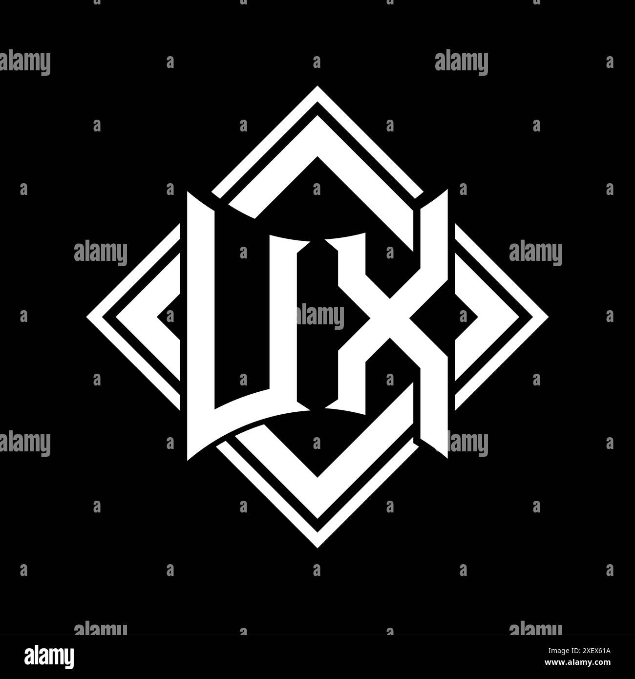 UX Letter logo with abstract shield shape with square white outline on black background template ...