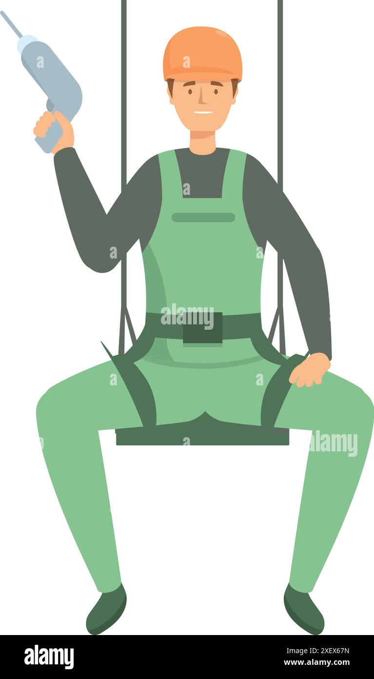 Industrial climber holding drill working at height wearing safety ...