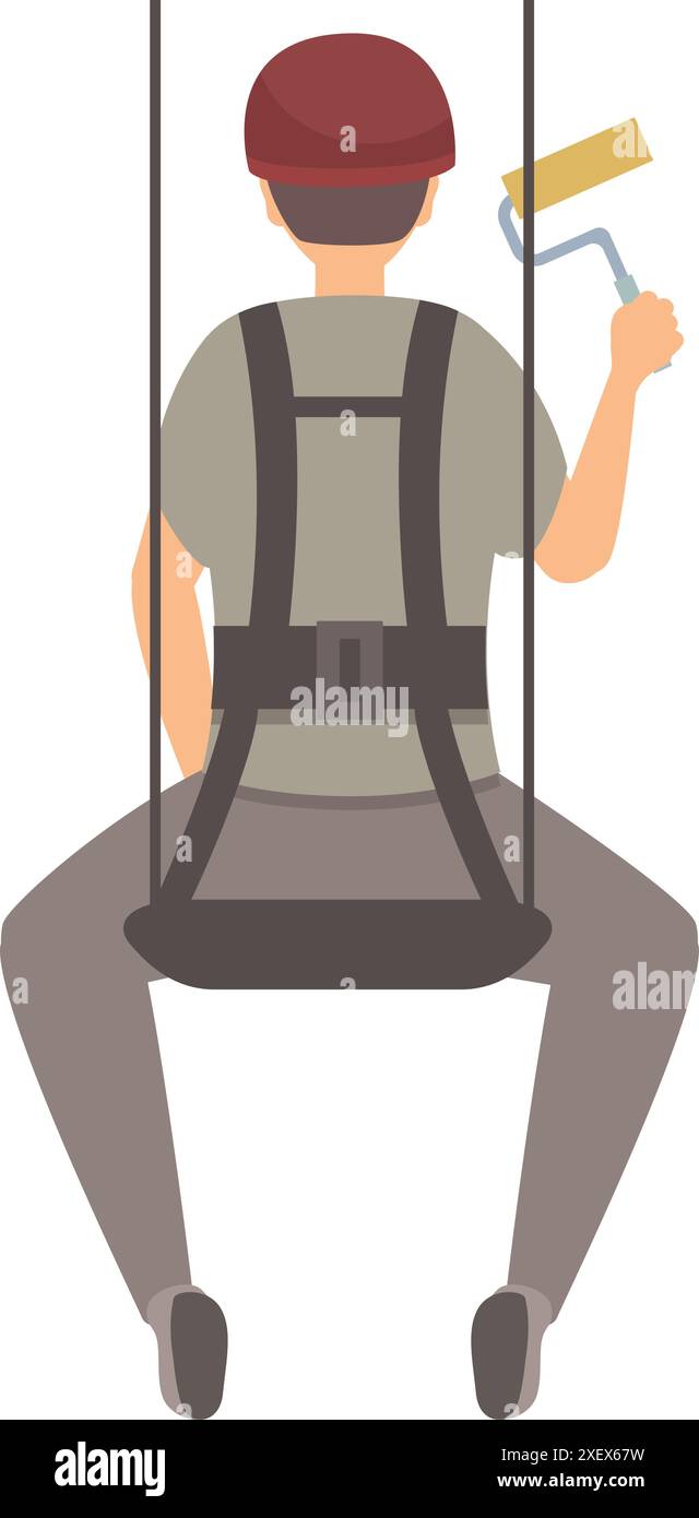 Construction worker is painting a high rise building while suspended in ...