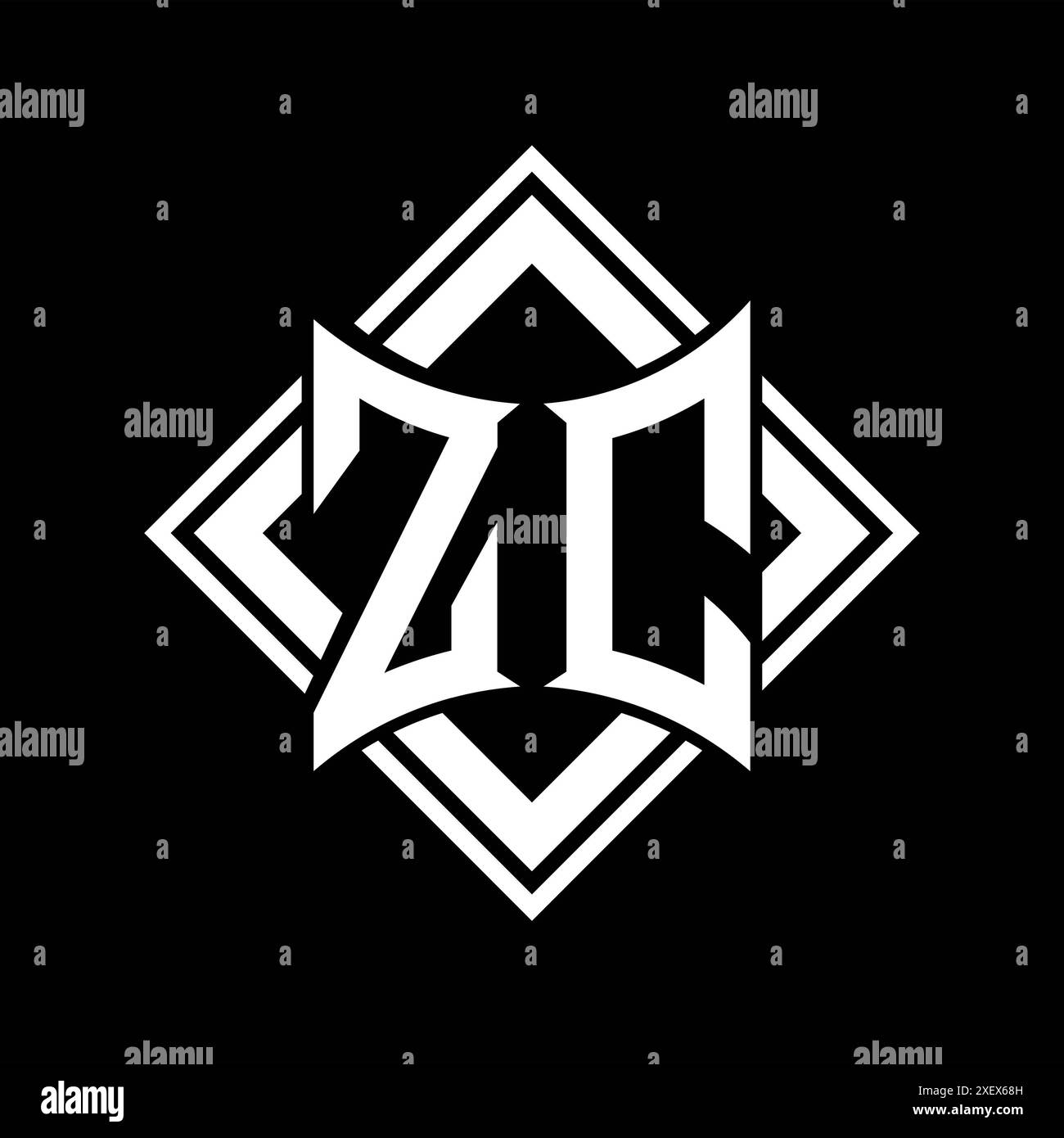 ZC Letter logo with abstract shield shape with square white outline on black background template ...