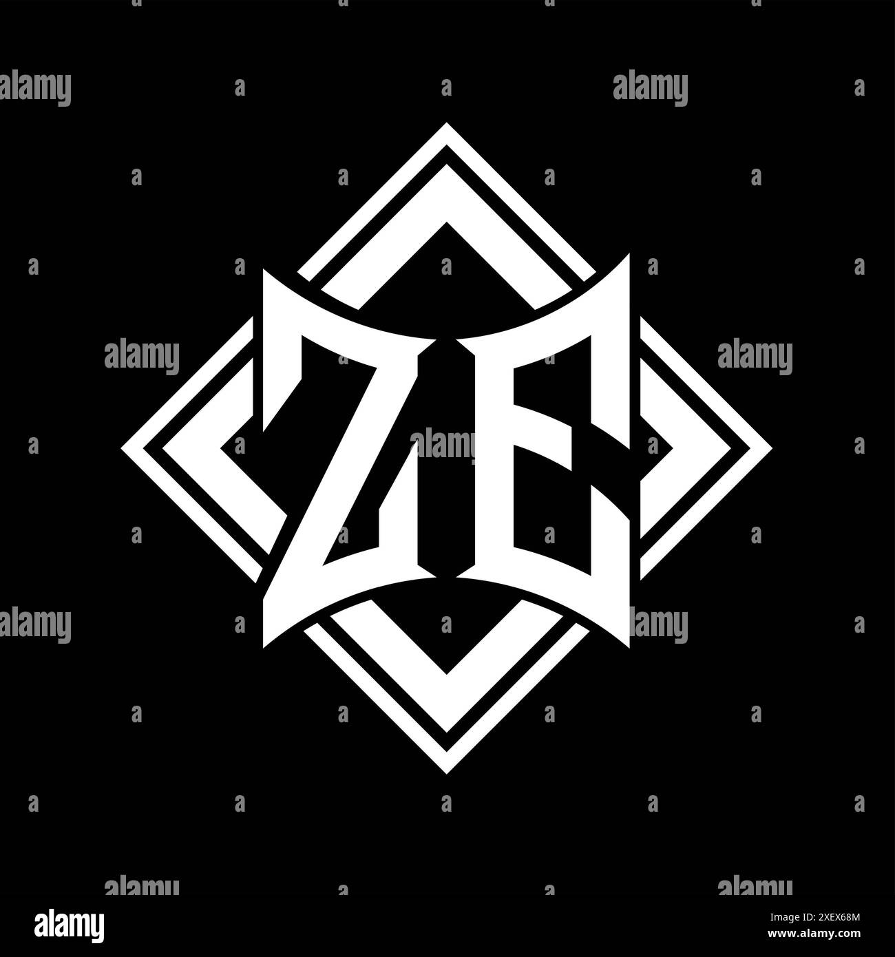 ZE Letter logo with abstract shield shape with square white outline on ...
