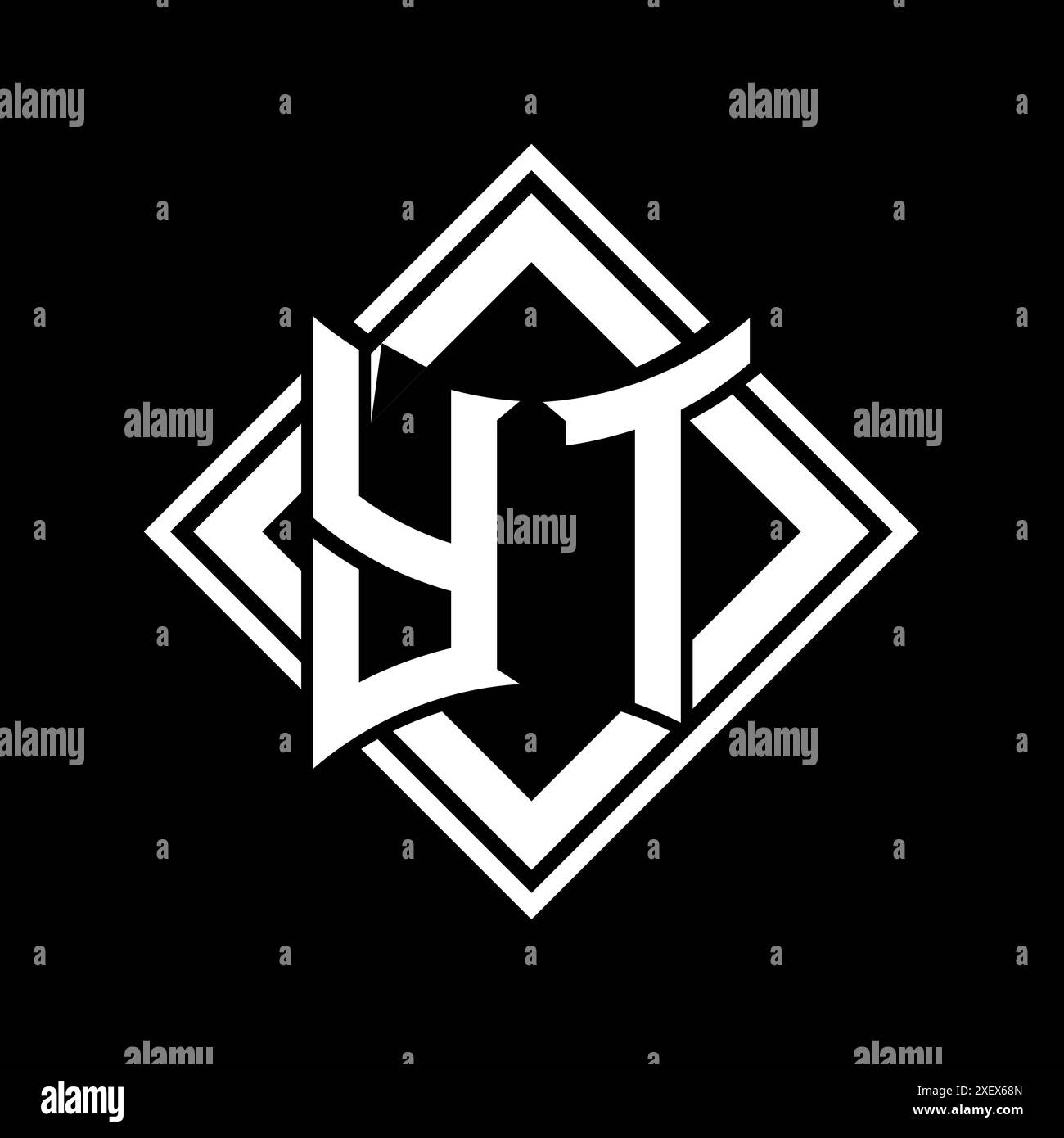 YT Letter logo with abstract shield shape with square white outline on black background template ...