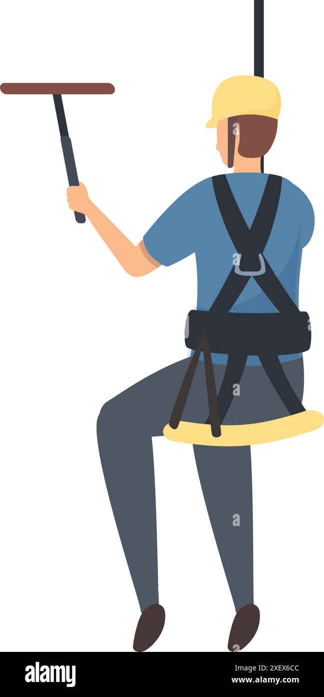 Window cleaner is suspended from a safety harness, using a squeegee to ...