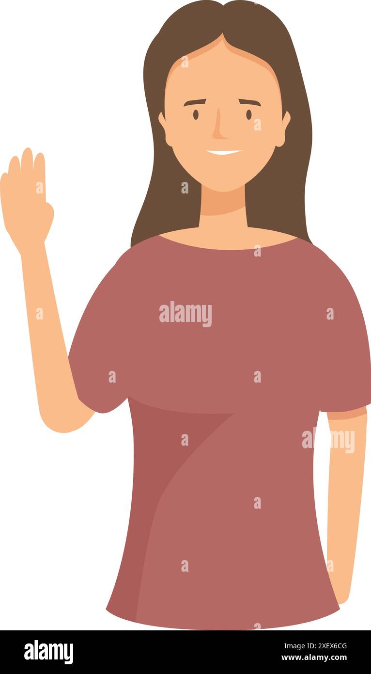 Young woman with long brown hair is waving her hand with a friendly ...