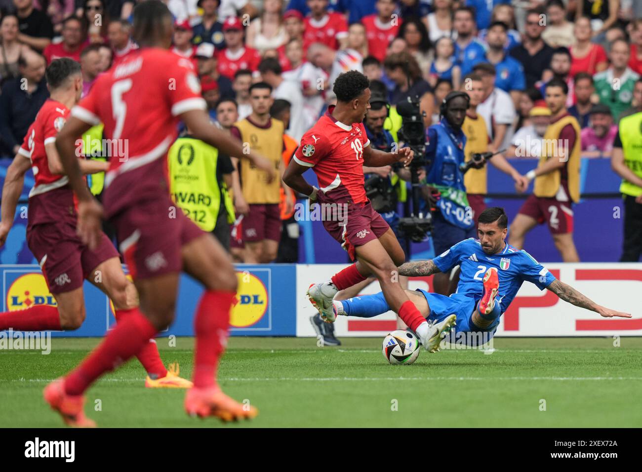 Berlin, Germany. 29th June, 2024. Mattia Zaccagni (R) of Italy vies ...