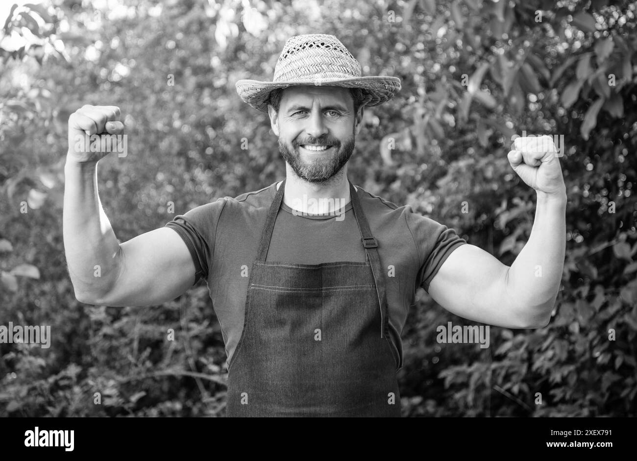 Happy strong farmer in farmers hat and apron flexing arms on farm ...