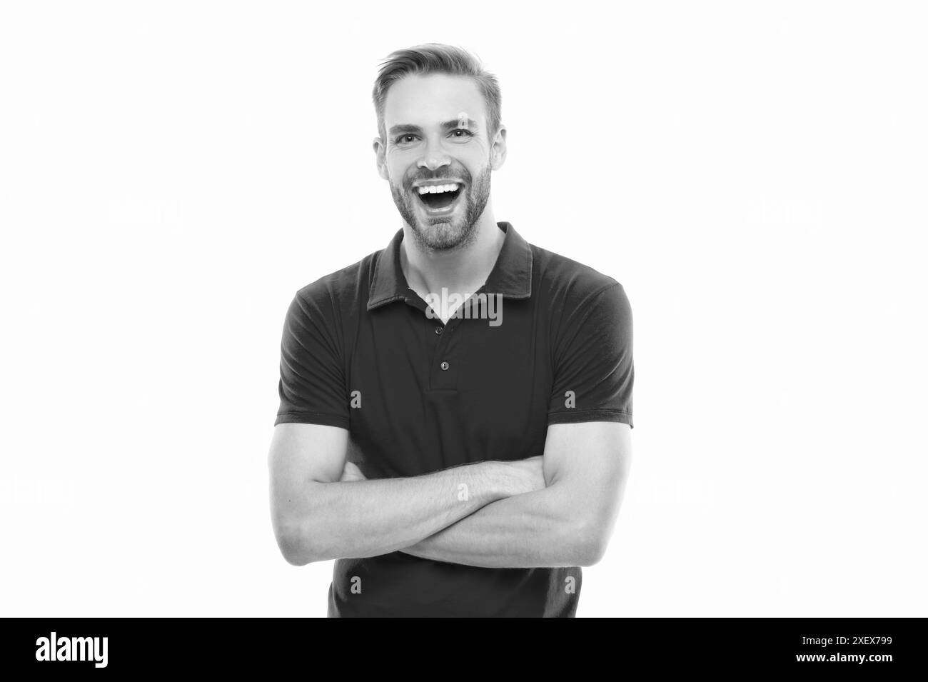 young guy with stubble laugh isolated on white background. unshaven guy ...