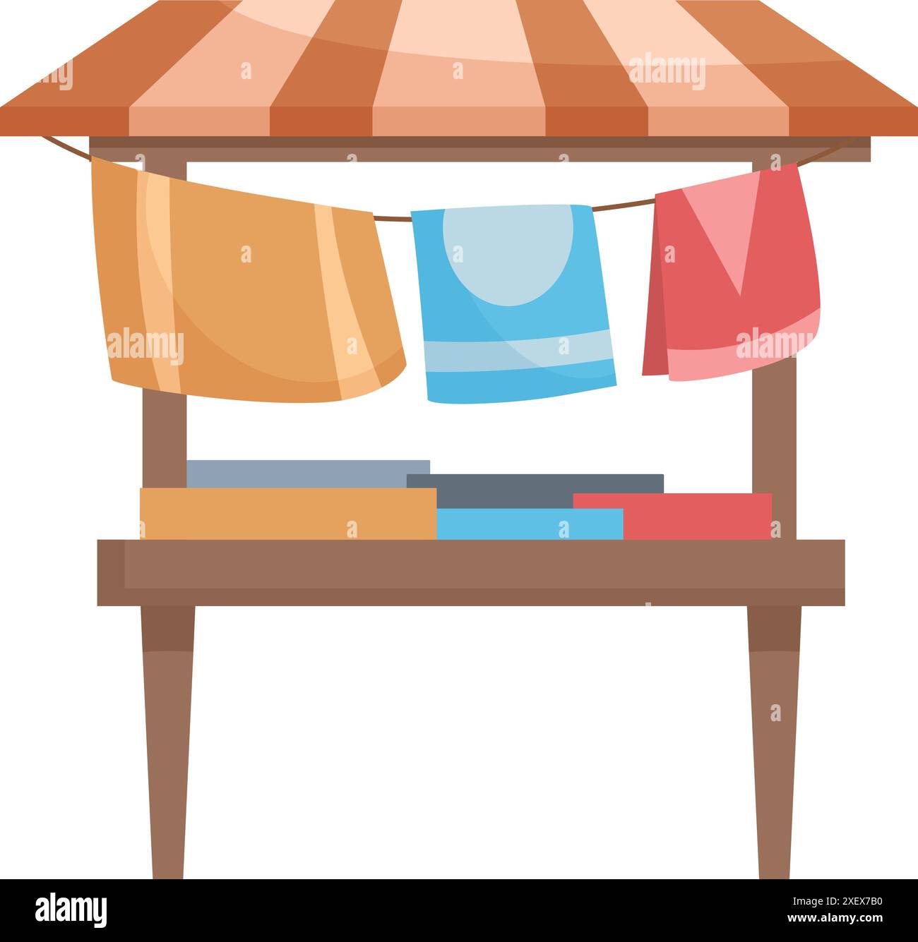Cartoon illustration of a street market stall selling clothes hanging ...