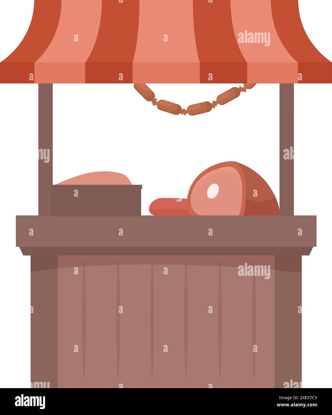 Street food stall with a red and white striped awning selling sausages ...