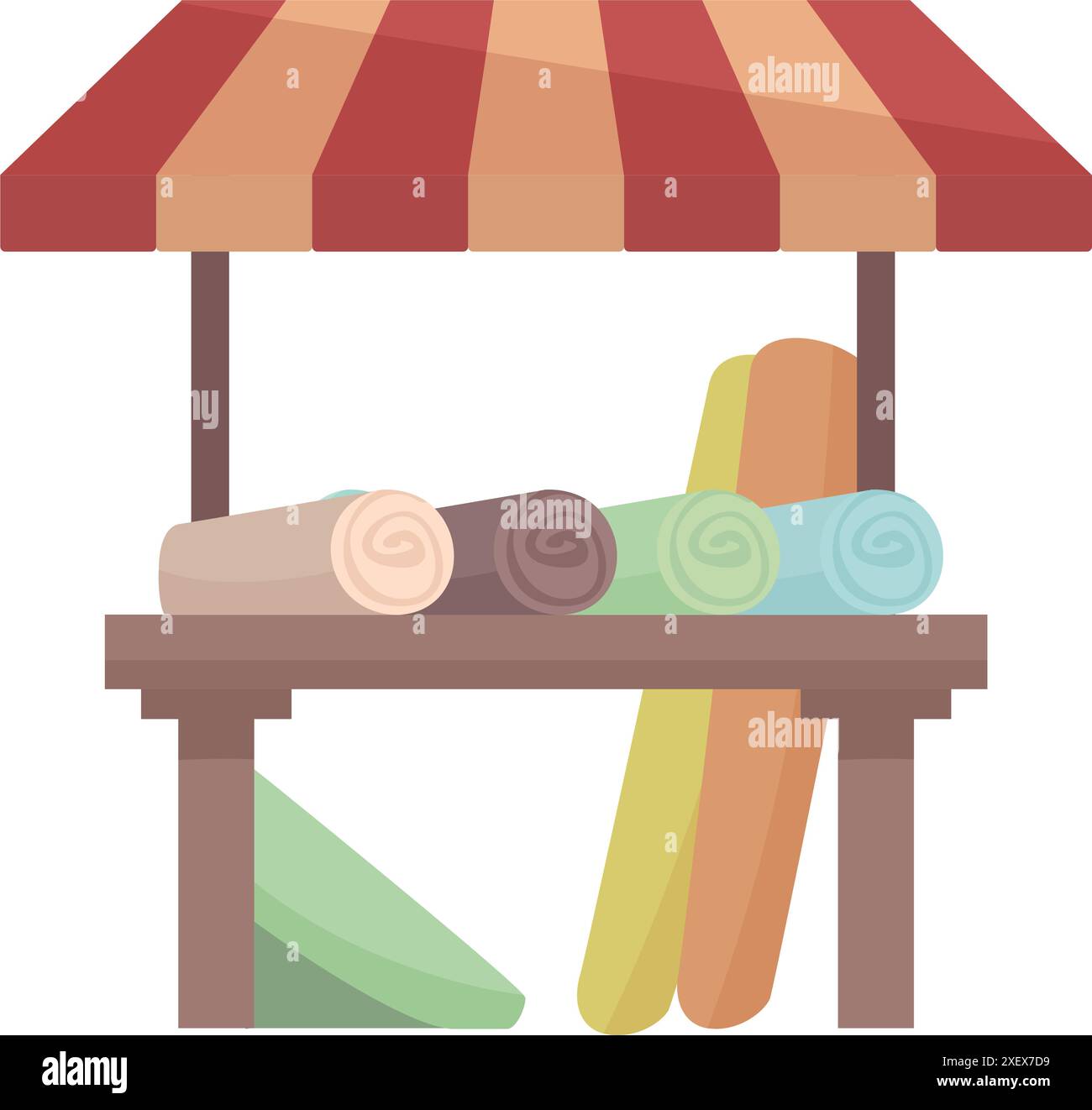 Illustration of a wooden market stall selling colorful fabrics and ...