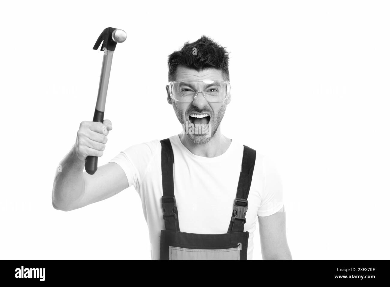 angry foreman hold hammer isolated on white background. foreman ...