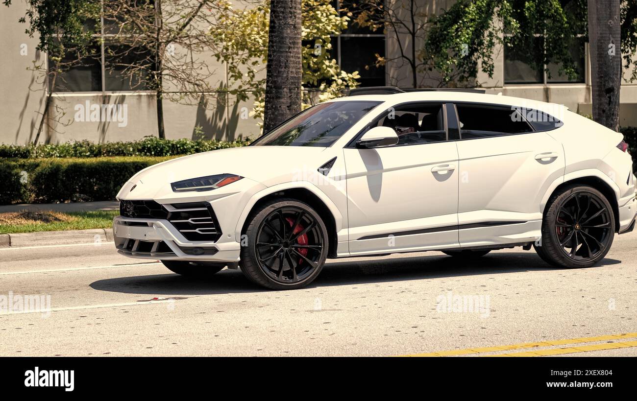 Miami Beach, Florida USA - April 15, 2021: 2019 Giallo Auge Lamborghini ...