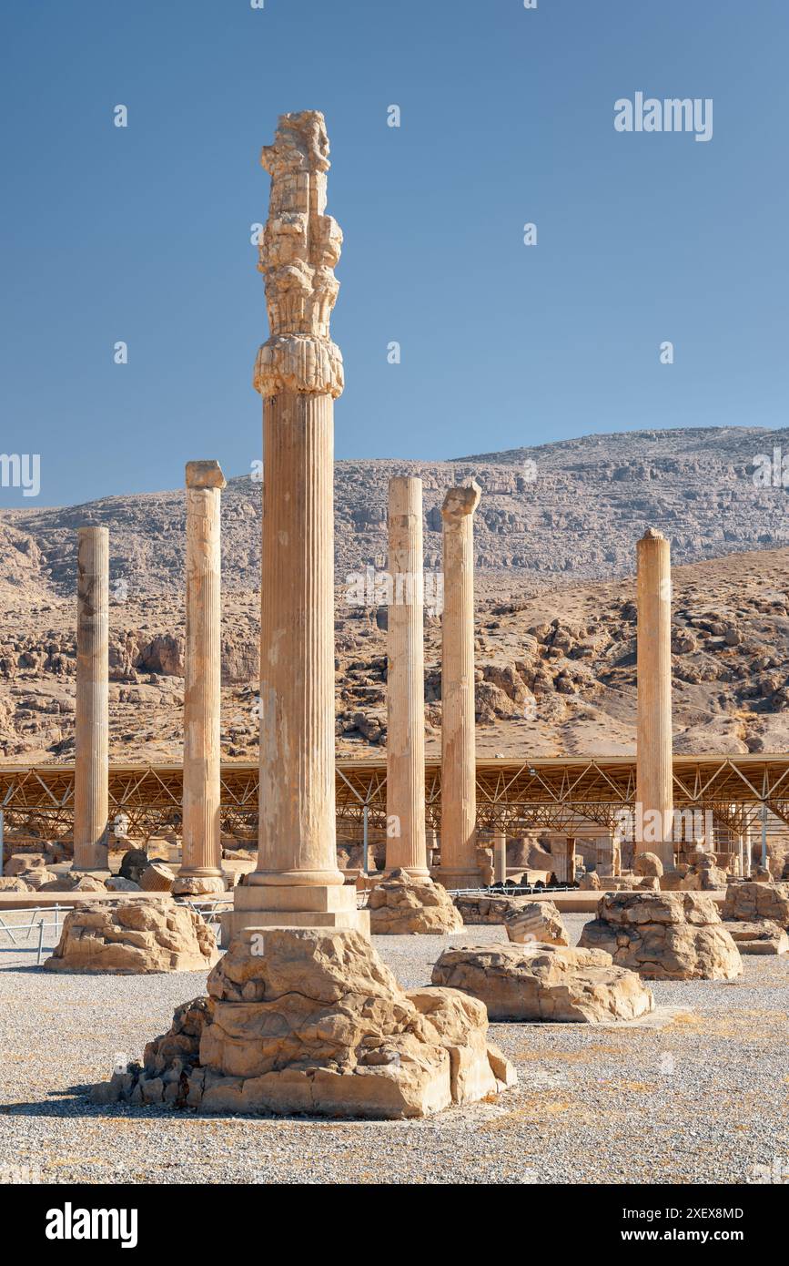 Columns of the Apadana Palace on blue sky background in Persepolis ...