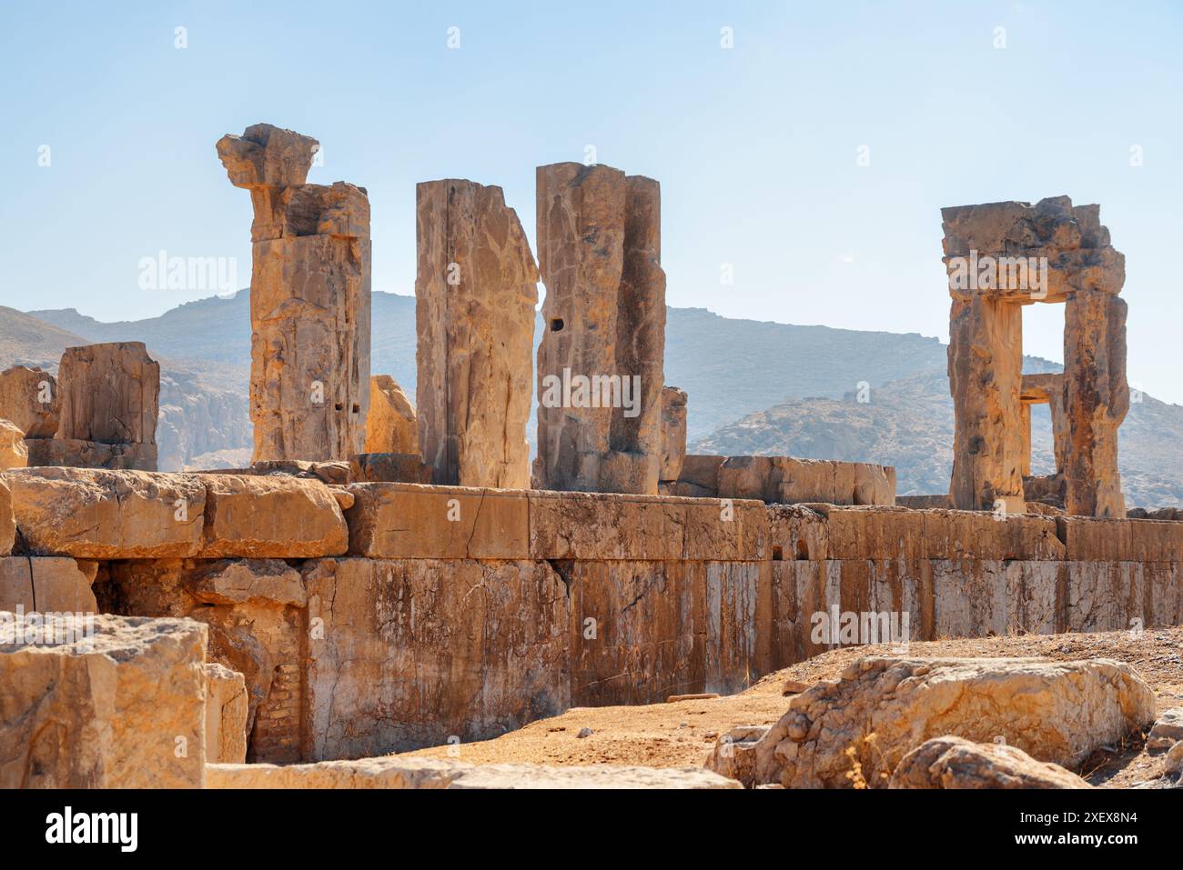 Wonderful view of scenic ruins on blue sky background in Persepolis ...