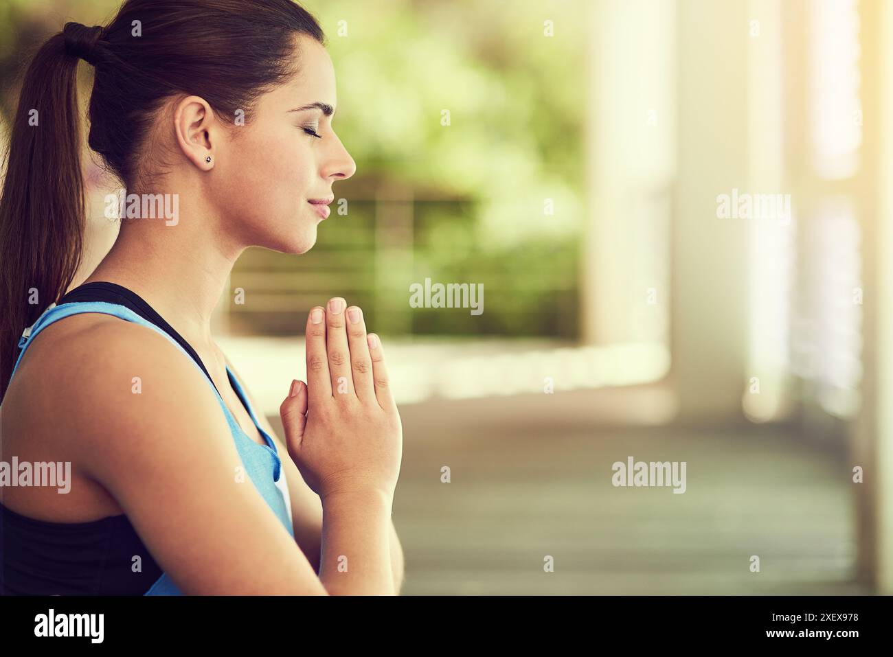 Woman, yoga and praying hands with eyes closed for meditation, zen ...
