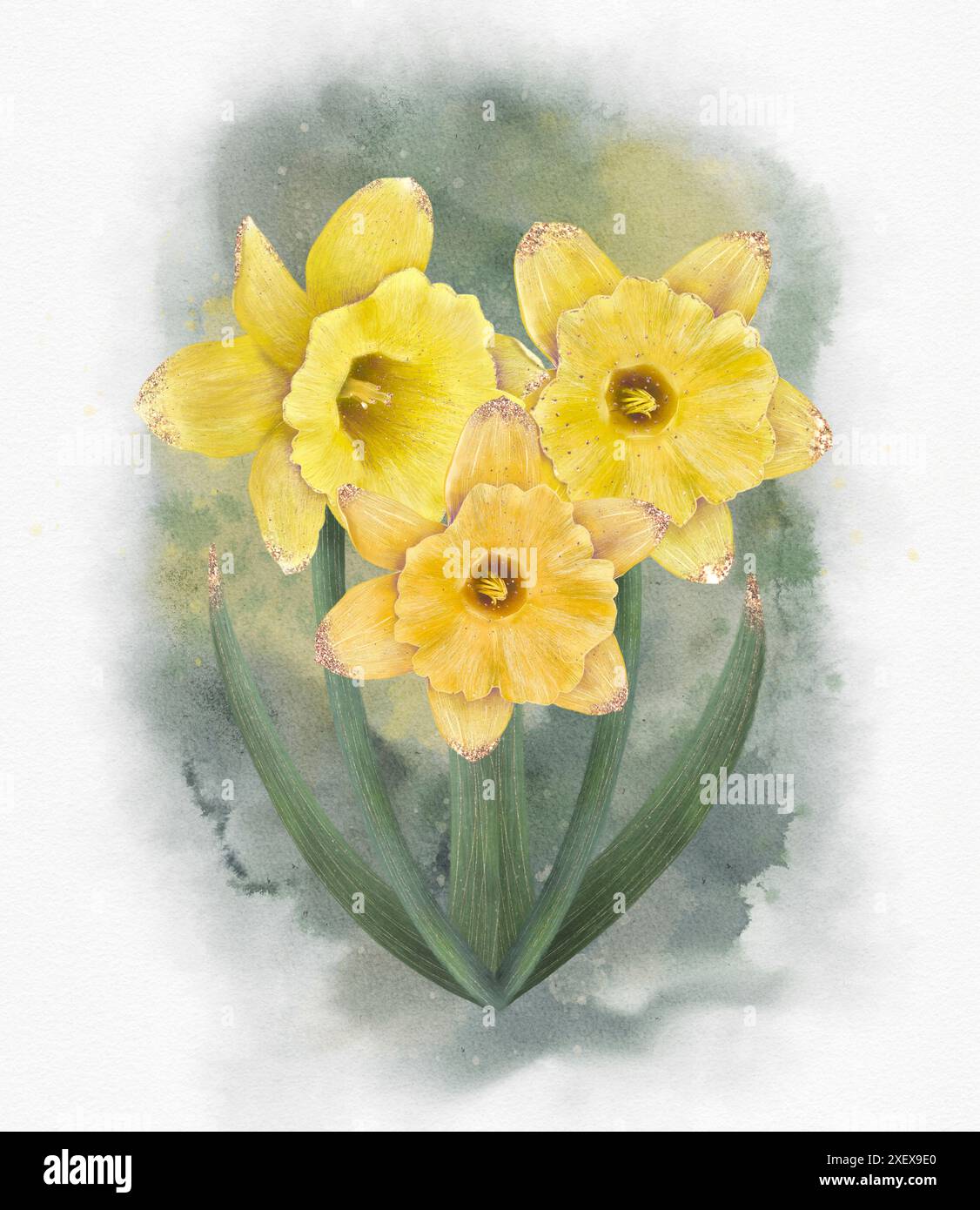 Detailed depiction of lively yellow daffodils in soft watercolor ...
