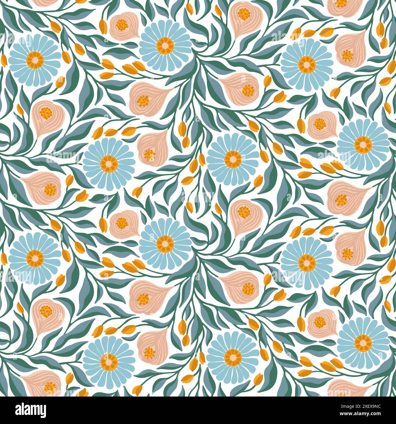 Floral Half Drop Seamless Pattern of light Blue Chamomiles with Leaves ...