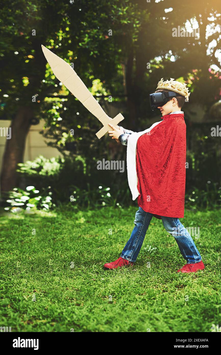 Kid, costume and vr for fun, play and cyber fantasy with cardboard ...