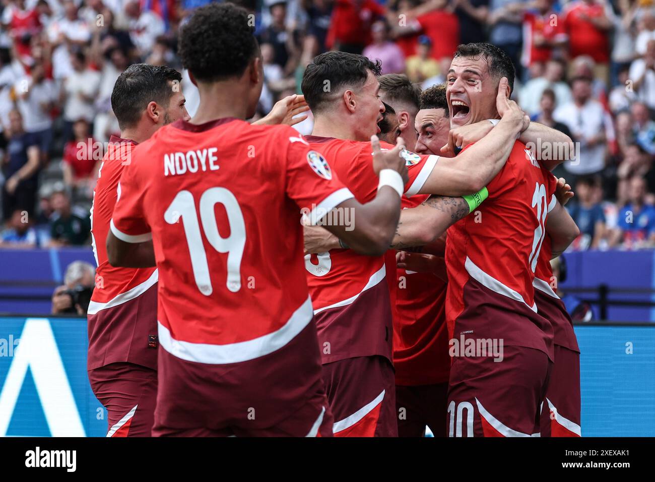 Berlin, Germany. 29th June, 2024. Players of Switzerland celebrate a ...