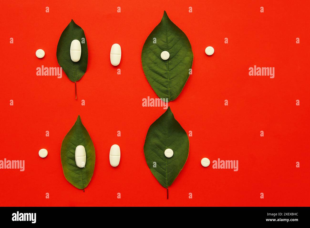 White round and oval tablets, green medicinal leaves lie on a red paper ...