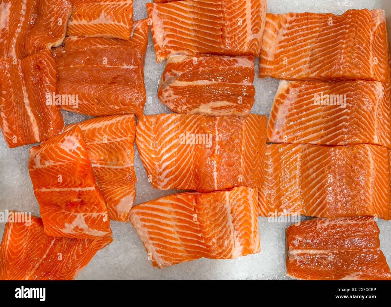 Top view of fresh salmon fillet display for selling in wet market Stock ...