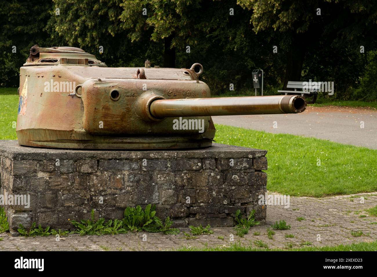 Bastogne, Belgium - July 17 2021: Frontal view of American tank turret ...