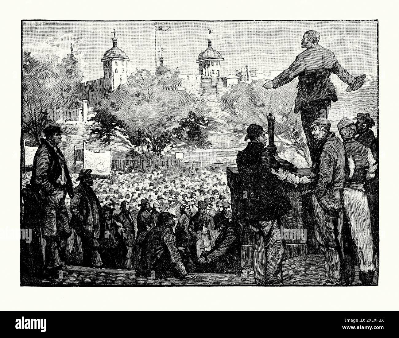 An old engraving of John Burns addressing dockers at a meeting during ...
