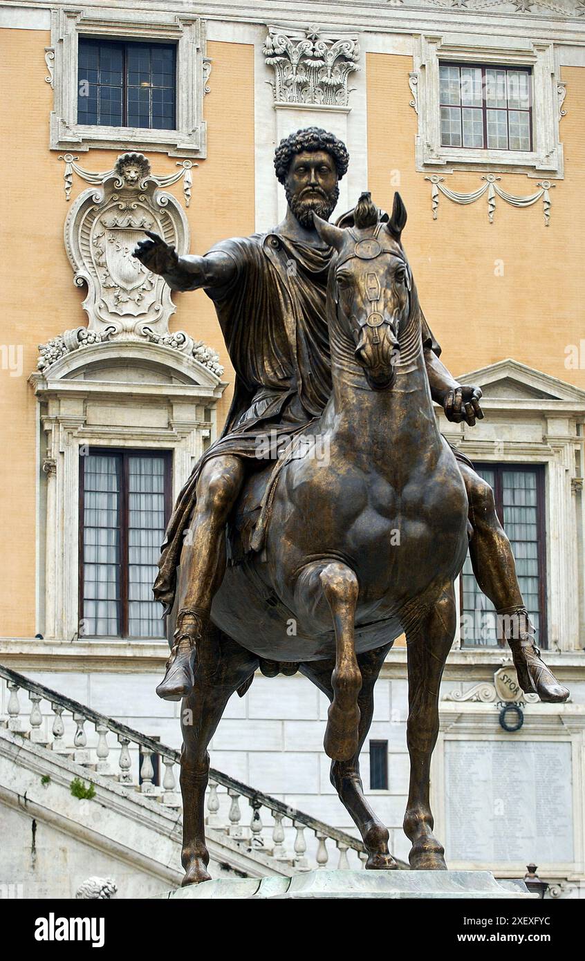 Equestrian statue of emperor Marcus Aurelius in Piazza del Campidoglio ...