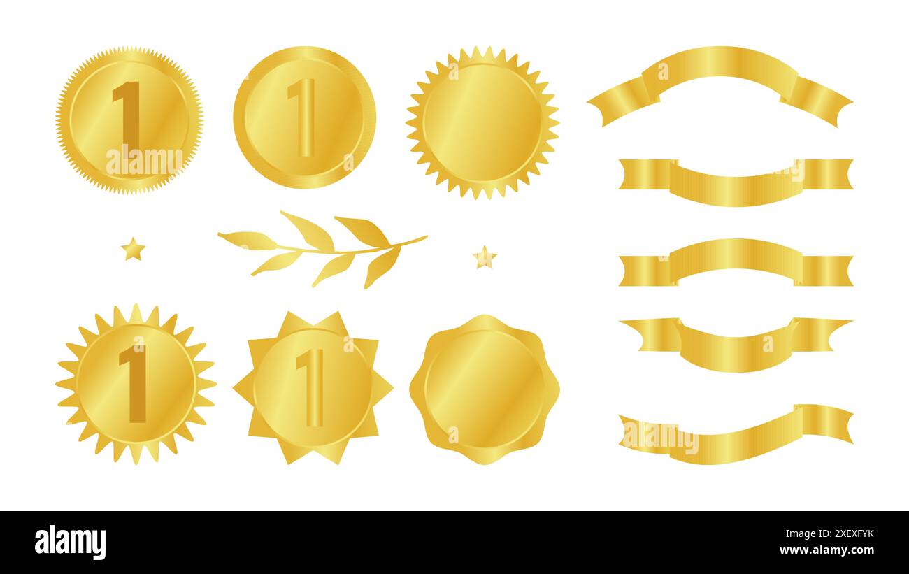 Award medal ribbon crown rank design elements. Set different golden ...