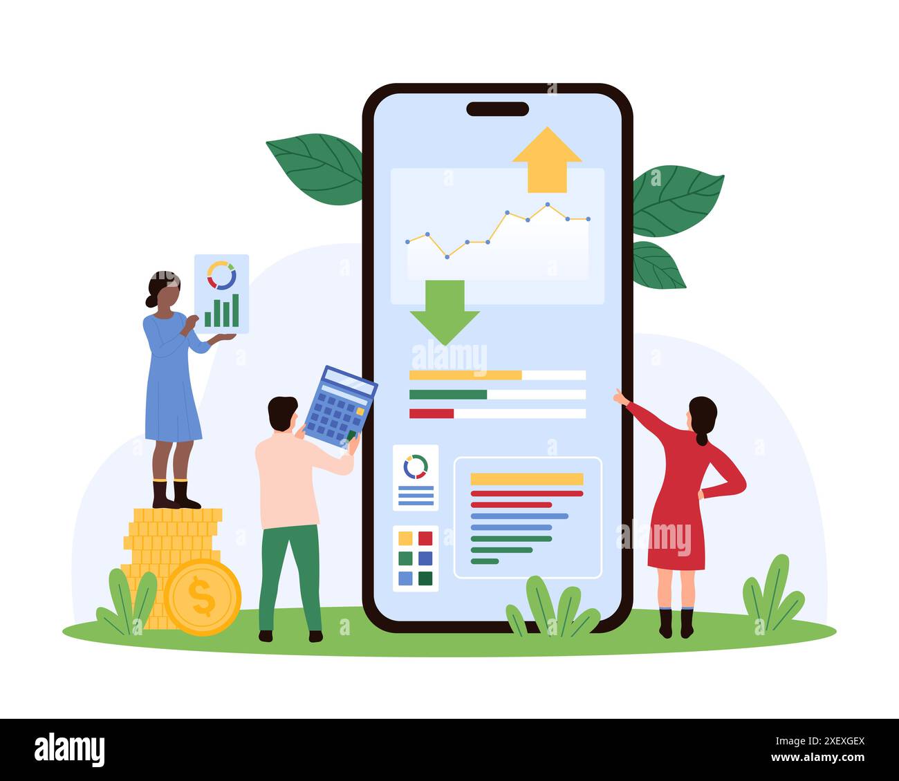 Financial analytics, stock market trades and exchange analysis in mobile app. Tiny people ...