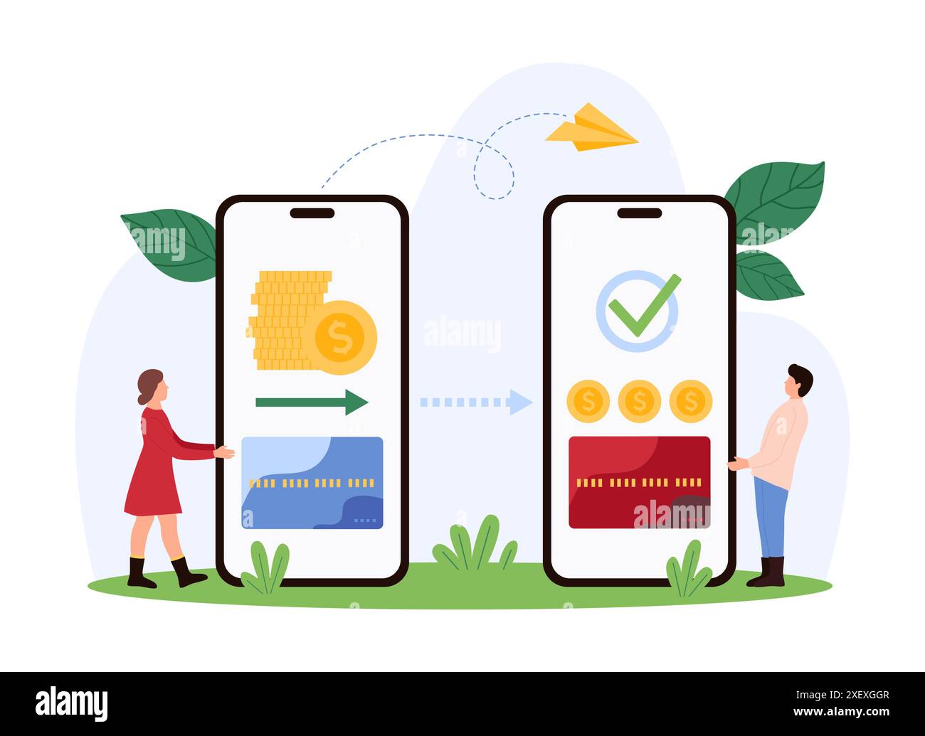 Online money transfer, payment in mobile app, trade. Tiny people ...