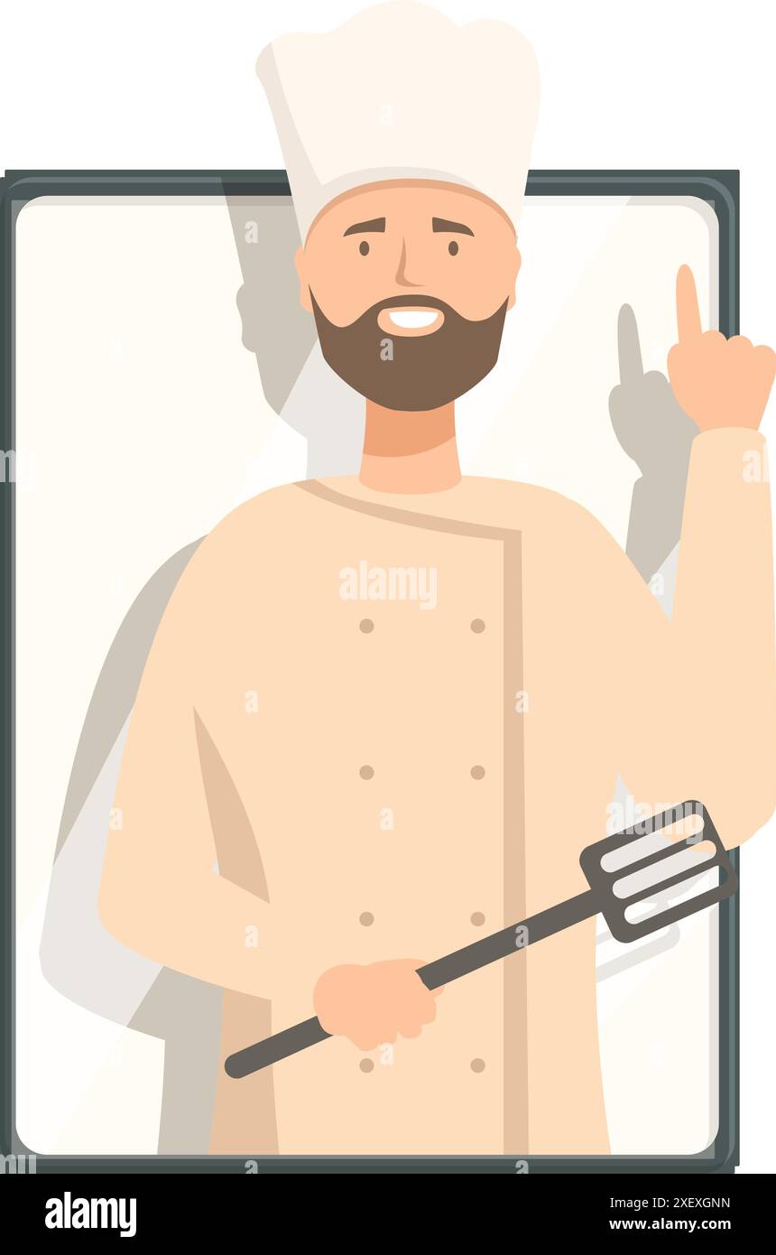 Cartoon chef holding a spatula and pointing up with his index finger ...