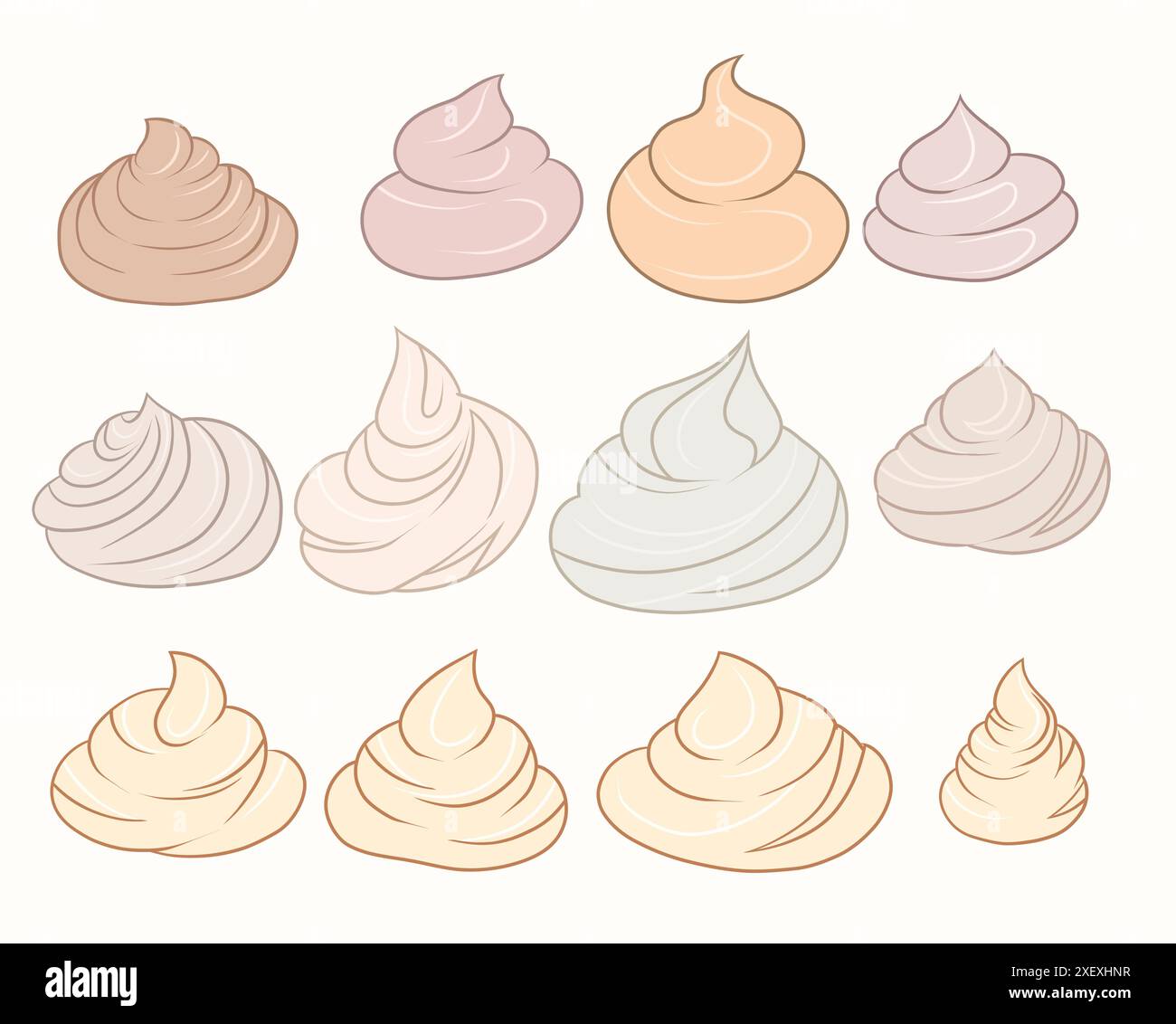 Vector set of contour cartoon meringues and creams in pastel colors ...