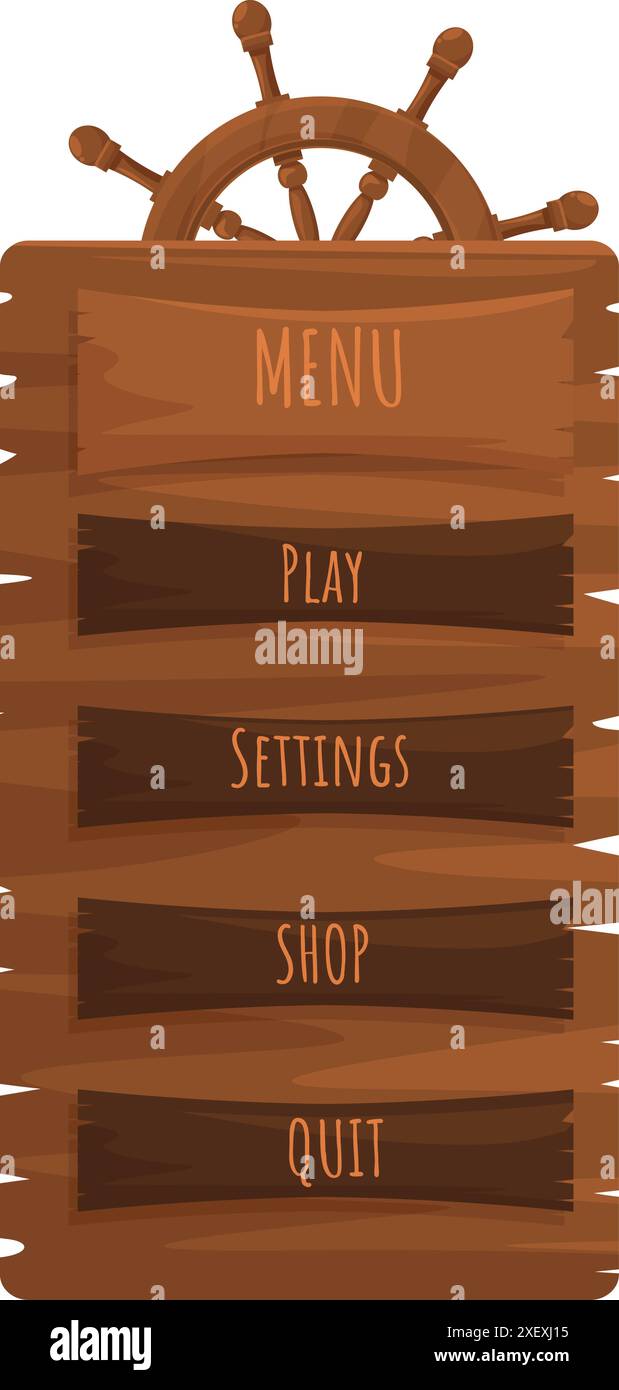 Wooden game ui menu with a steering wheel is showing play, settings ...