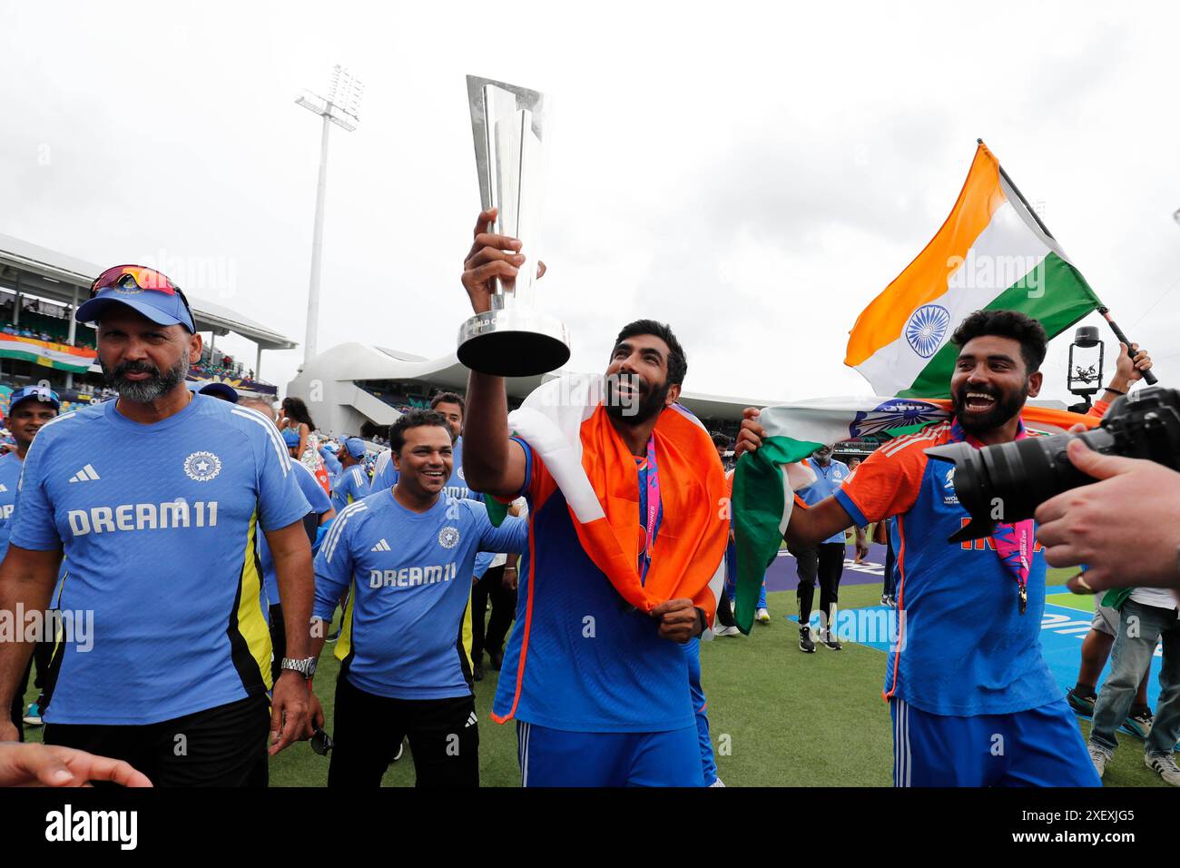 India's Jasprit Bumrah celebrates victory following the 2024 ICC Men's ...