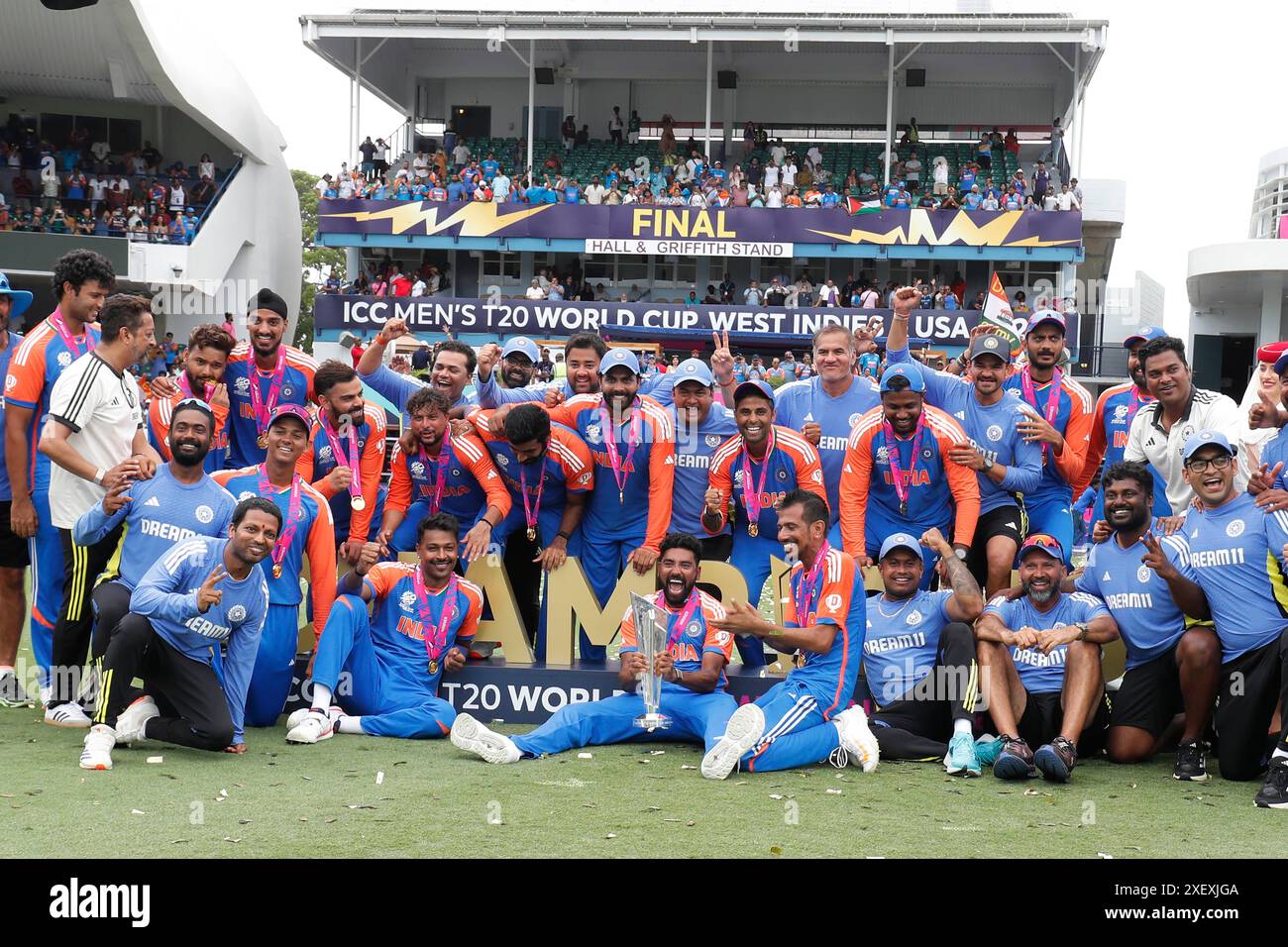 India players celebrates with the trophy following the 2024 ICC Men's ...