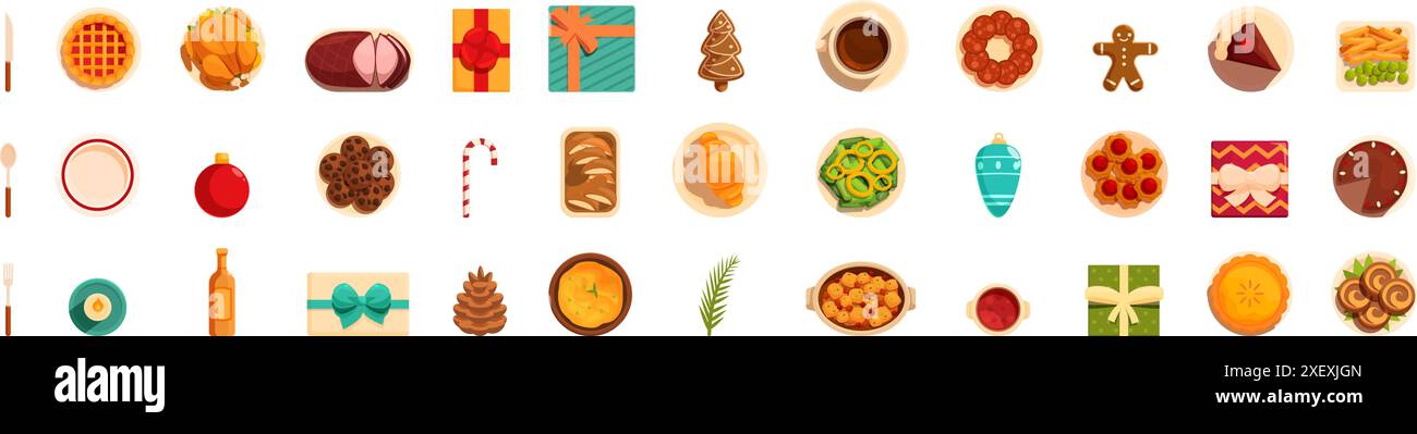 christmas table top view icons set. Christmas dinner table setting with ...