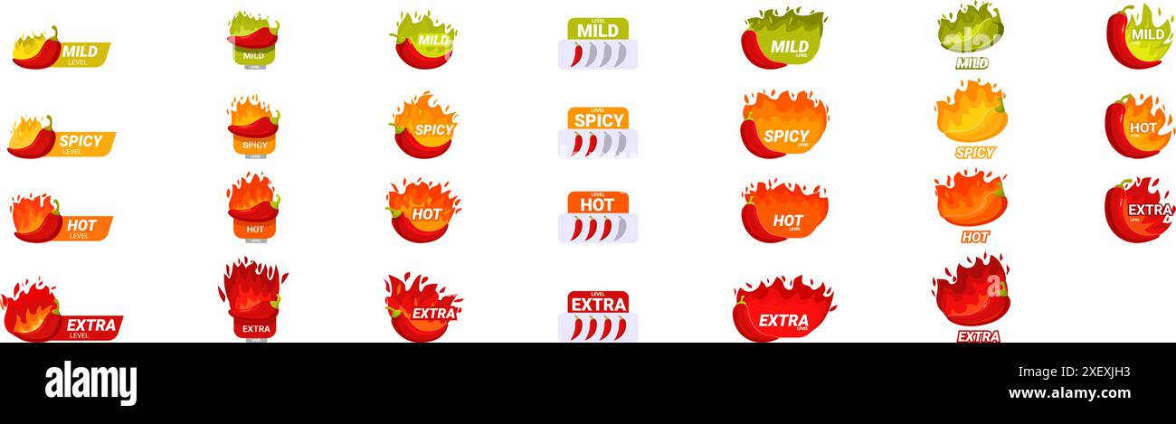 Spicy level icons set. Chili pepper scale showing different levels of ...