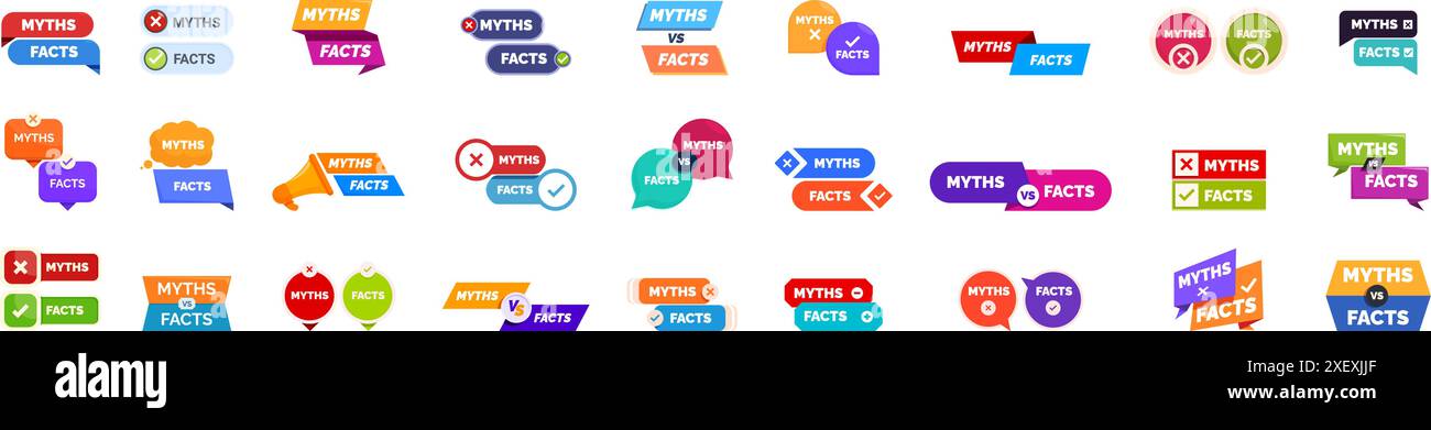 Myths facts icons set. Collection of colorful stickers, symbols and ...