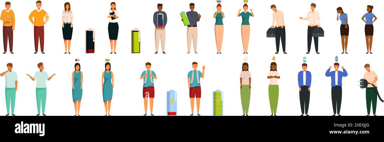 Recharge human icons set. People feeling good and bad with full and ...
