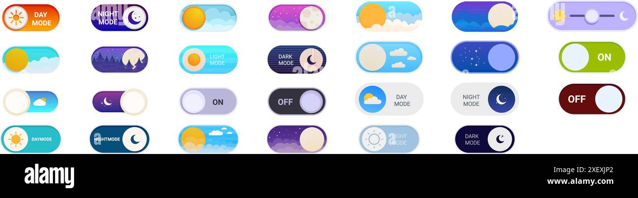Night day mode icons set. Collection of on off switcher buttons showing ...
