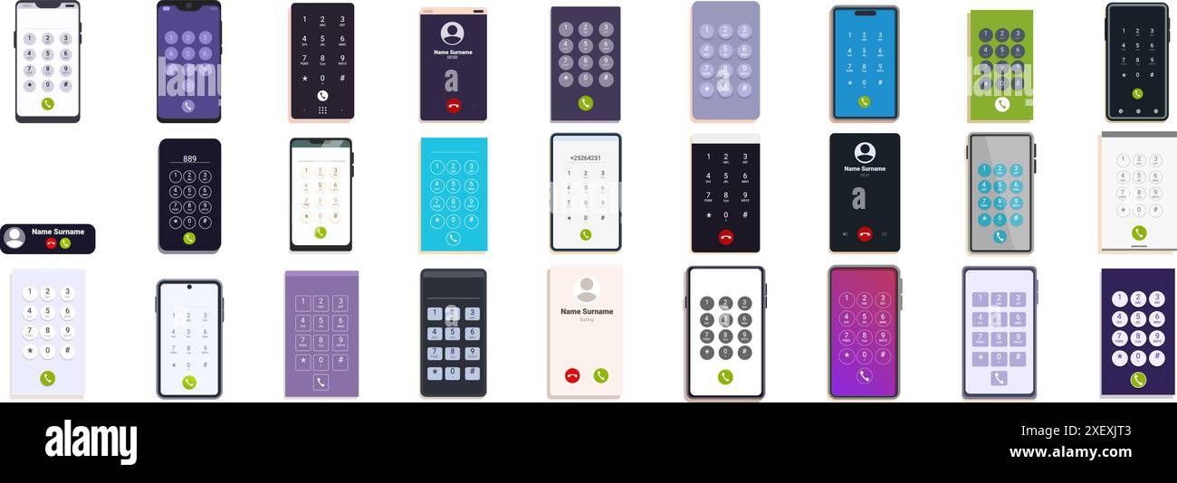 dial screen icons set. Various mobile phone screens are displaying an ...
