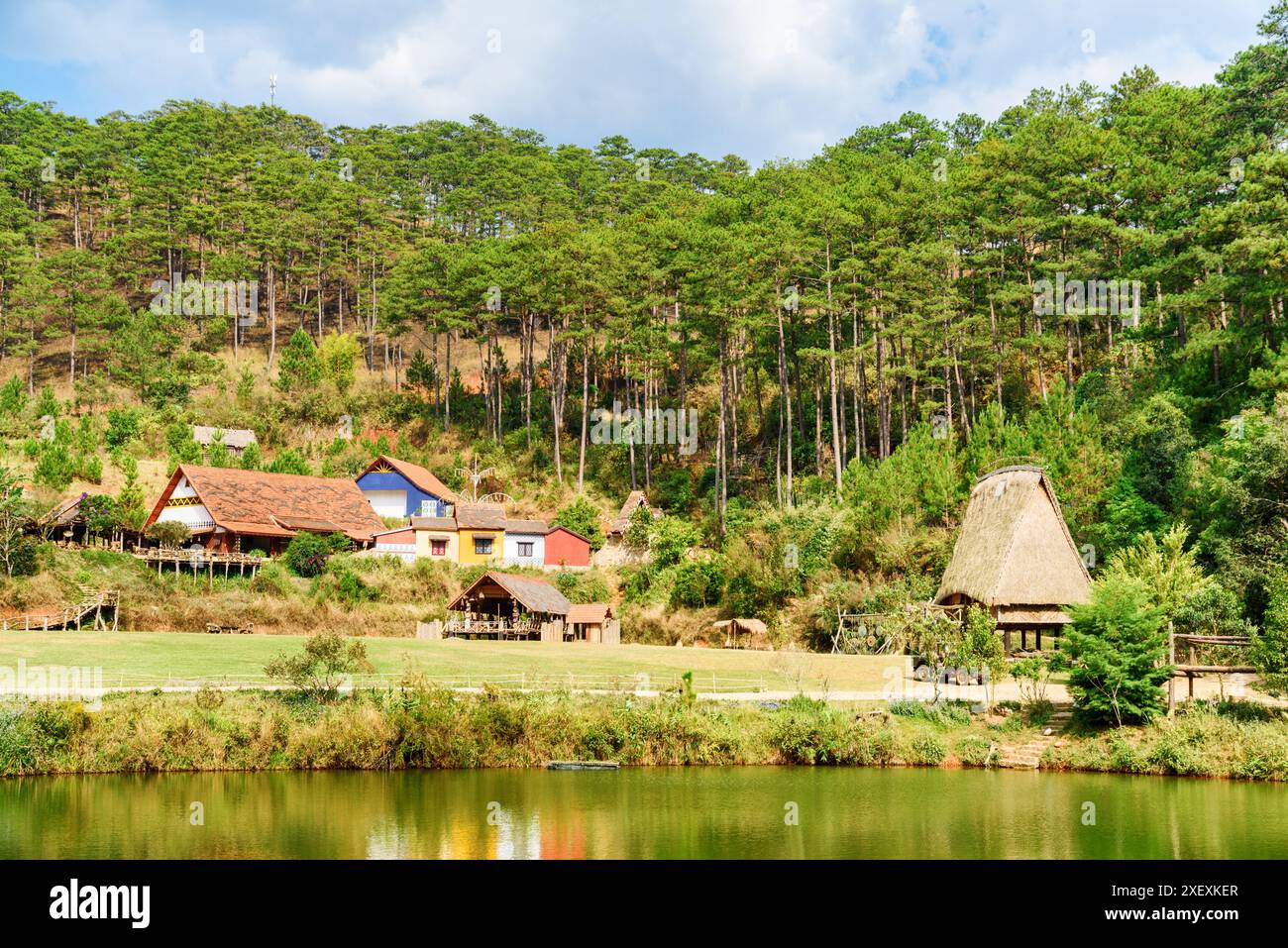 Scenic rural landscape. Rustic houses with tile roofs at cozy village ...