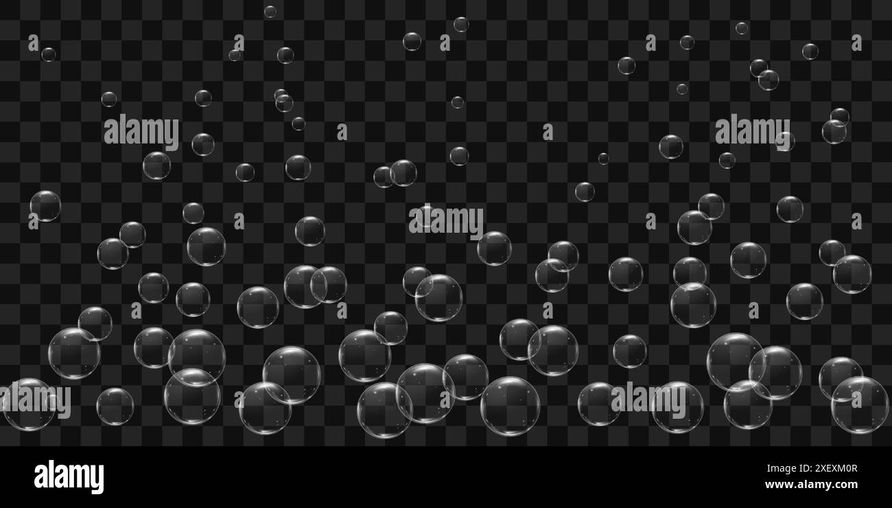 Bubbles of air or carbonated water underwater rise up. Realistic 3d vector on transparent ...