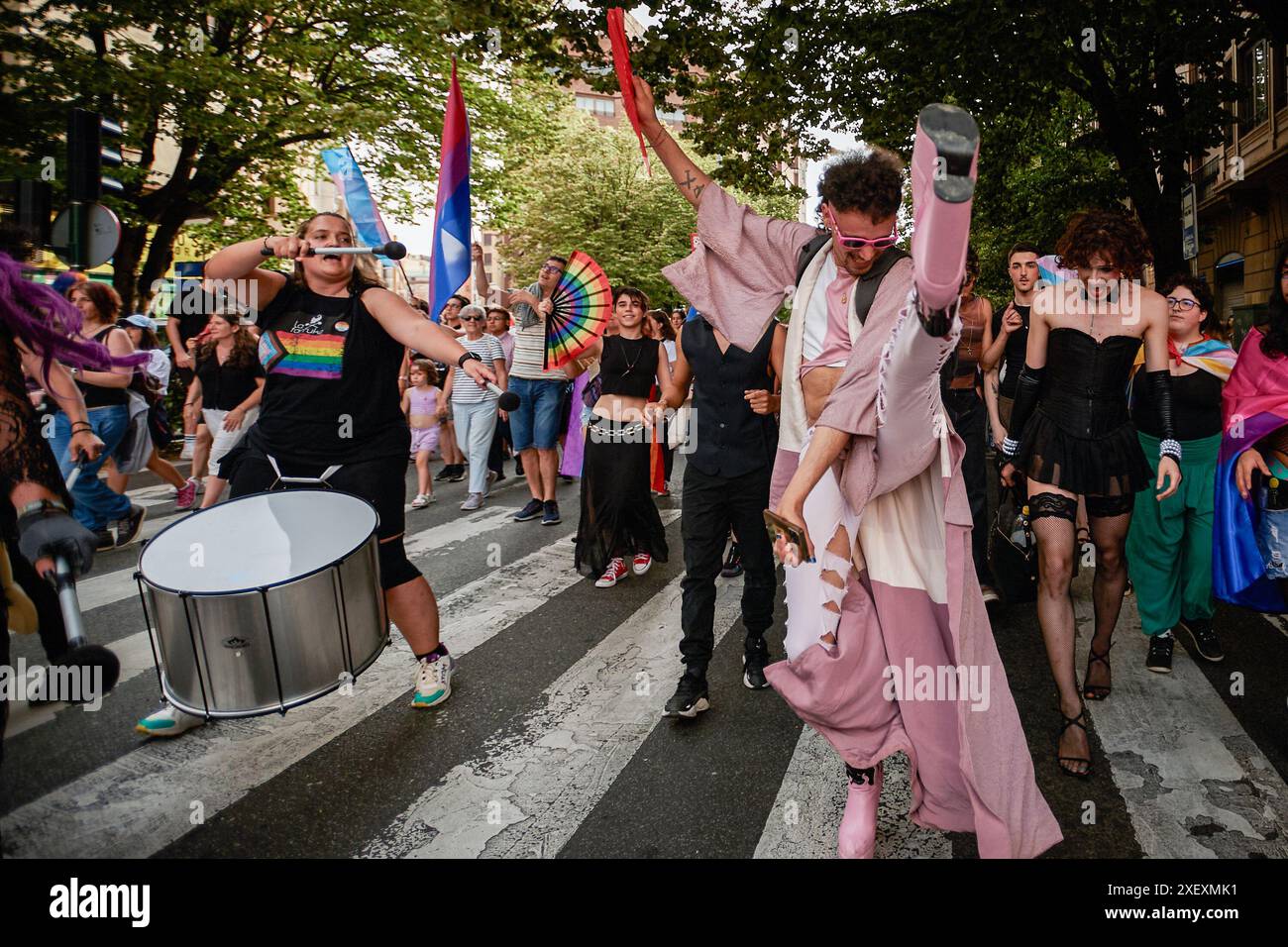 Pamplona, Spain. 28th June, 2024. A protester demonstrates the Annunaki ...